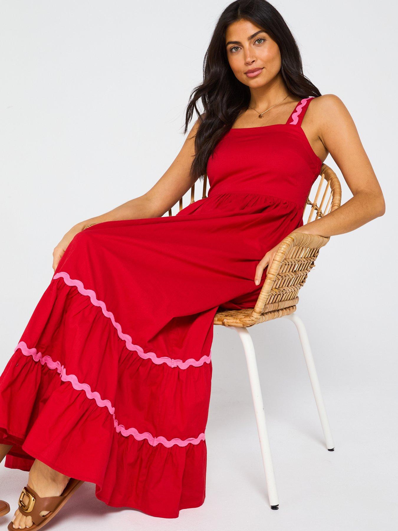 V by Very Rik Rak Trim Strappy Midi Dress - Pink | Very