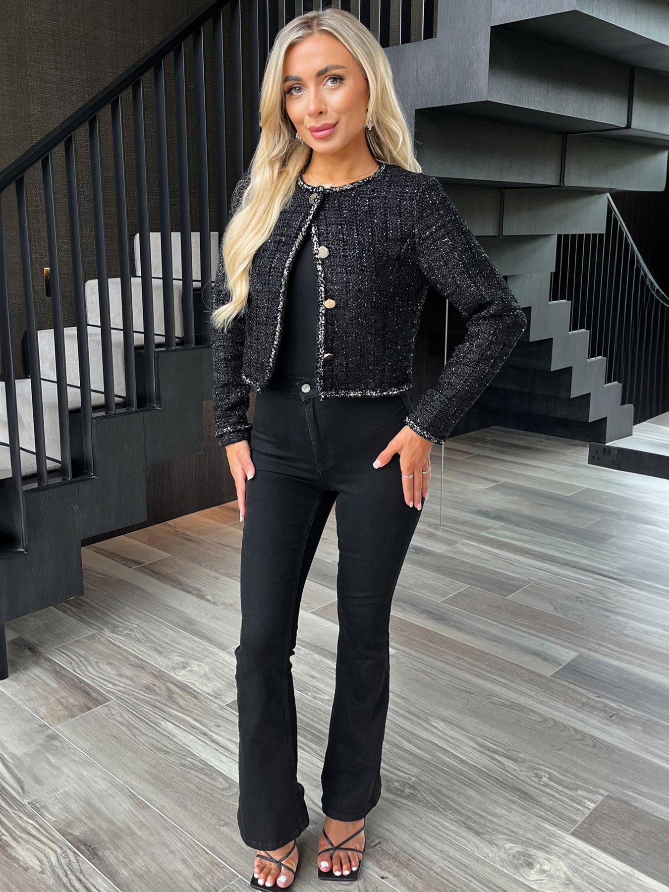 AX Paris Sparkle Tweed Contrast Hem Detail Cropped Jacket - Black | Very