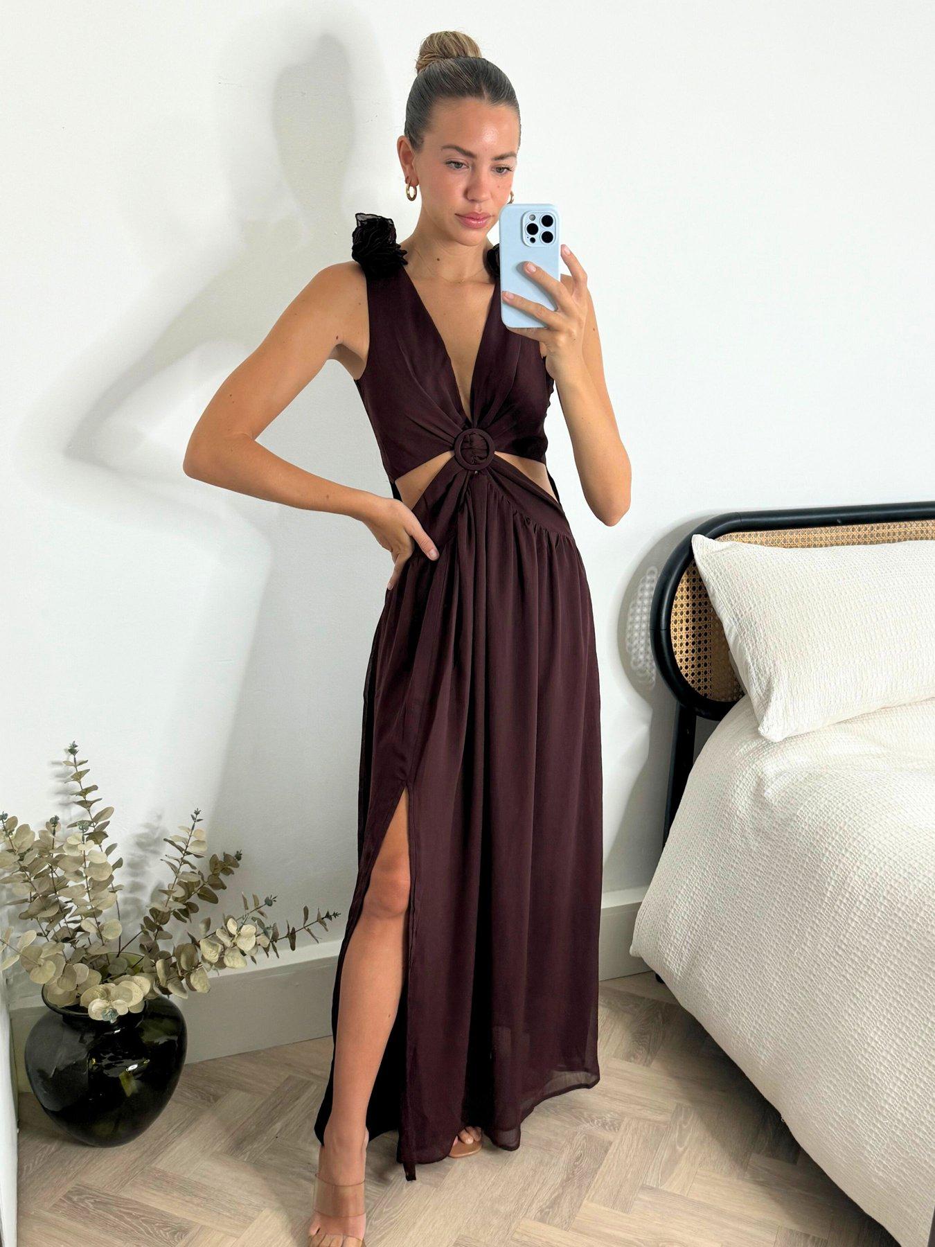 Style Cheat Cut Out Ruffle Shoulder Maxi Dress - Brown | Very