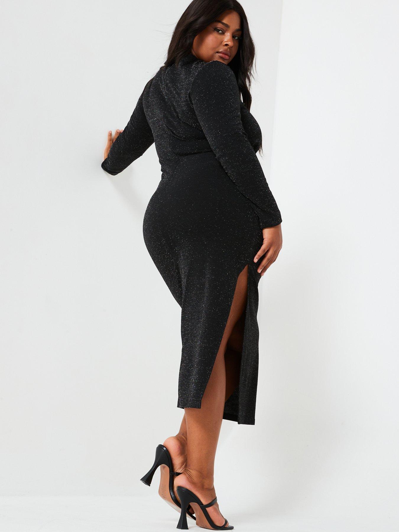AX PARIS CURVE Sparkle Long Sleeve Ruched Bodycon Midi Dress - Black | Very