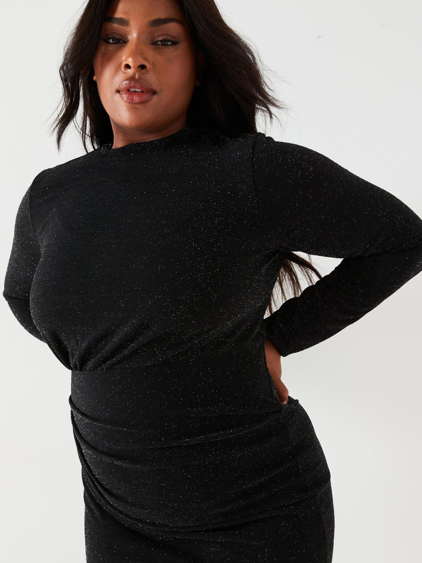 Ax Paris Curve Sparkle Long Sleeve Ruched Bodycon Midi Dress Black Very