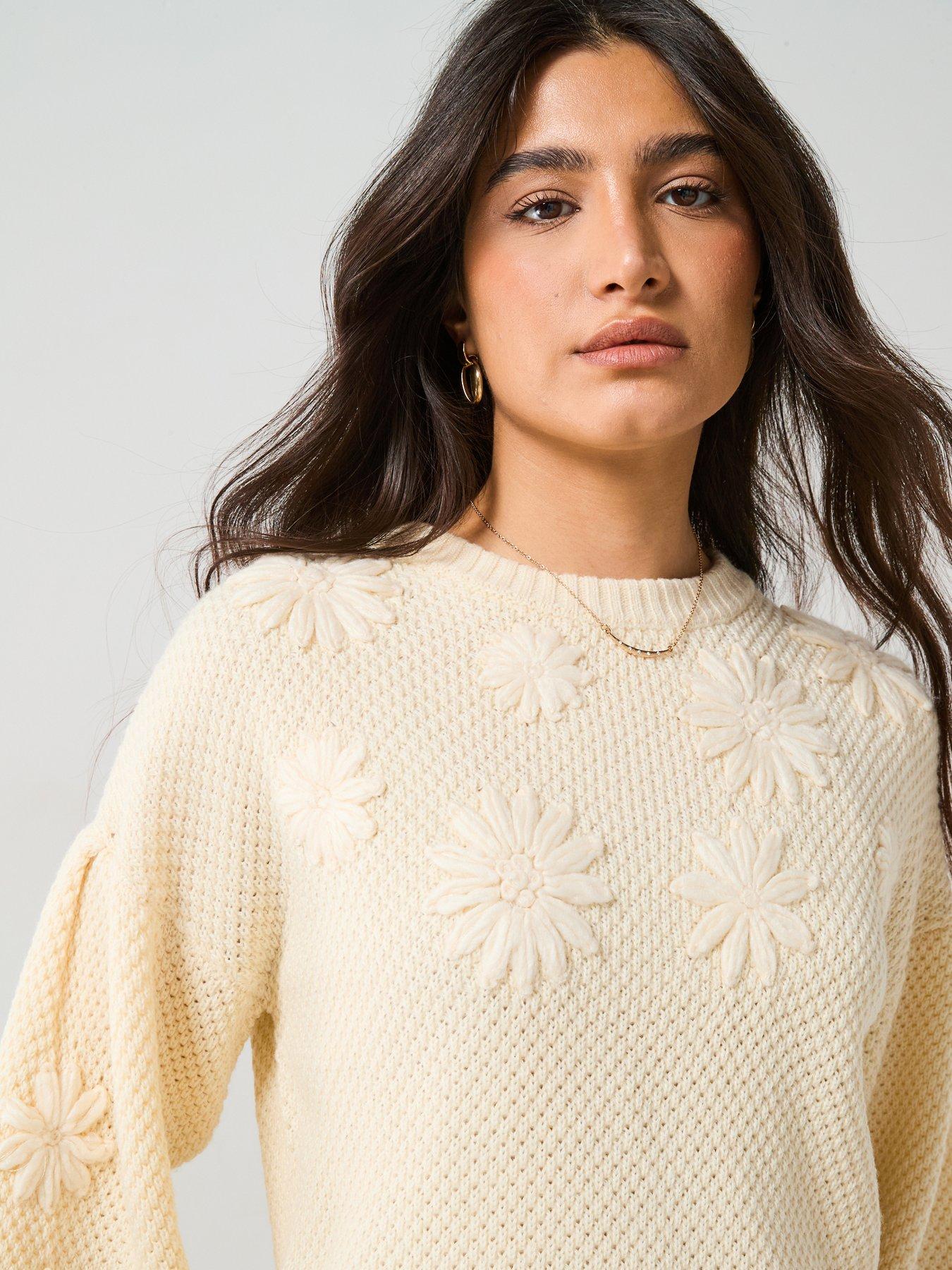 V by Very Embroidered Flower Puff Sleeve Jumper - Cream | Very
