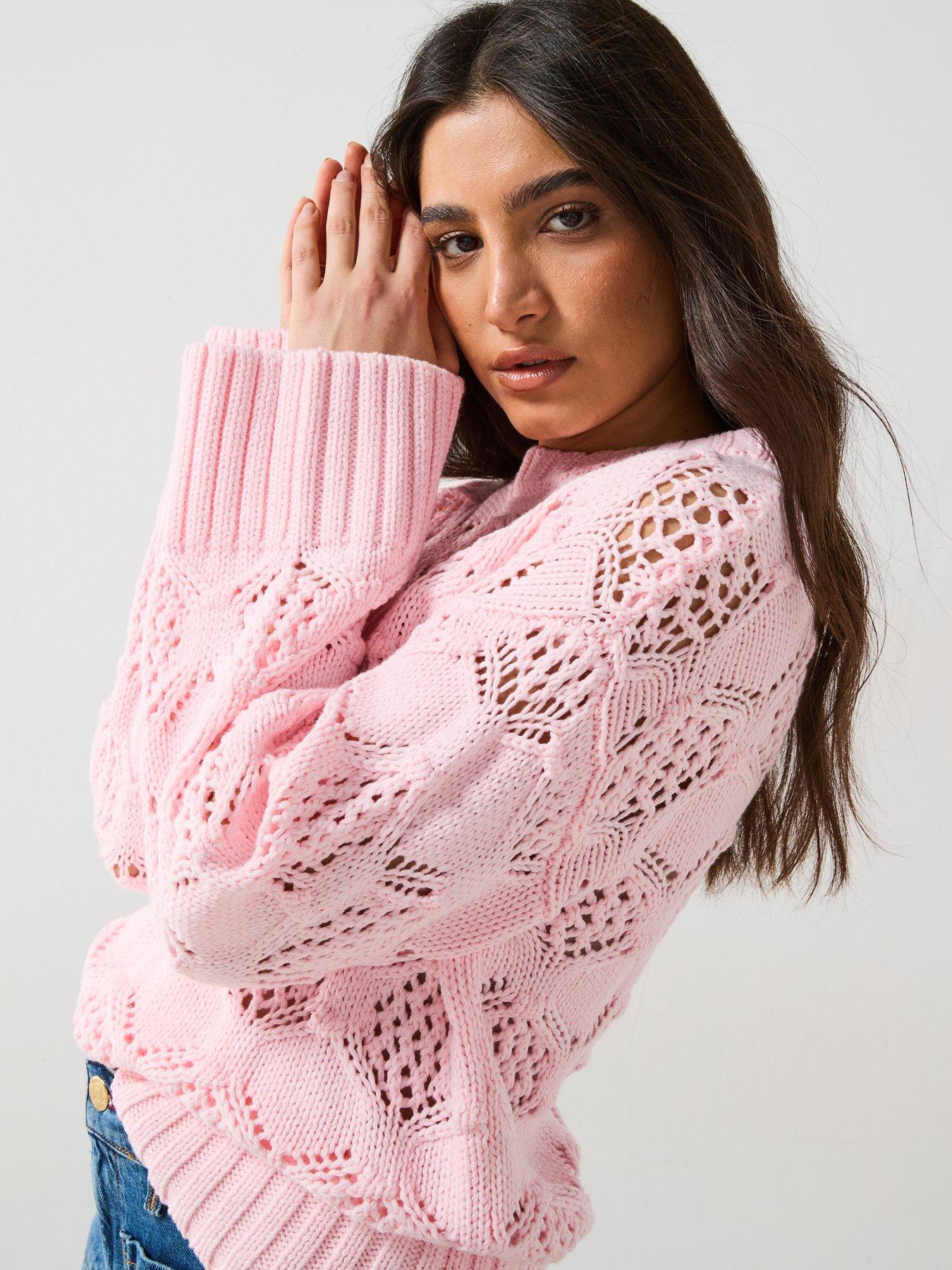 V by Very Cotton Rich Open Stitch Crew Neck Jumper - Pink | Very