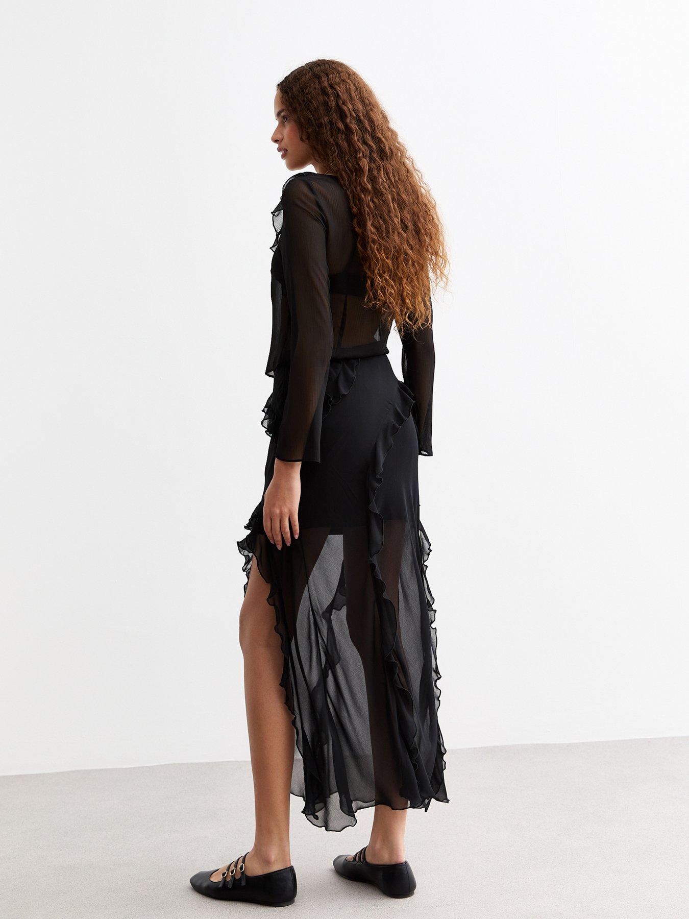 New Look Sheer Chiffon Ruffle Trim Maxi Skirt - Black | Very