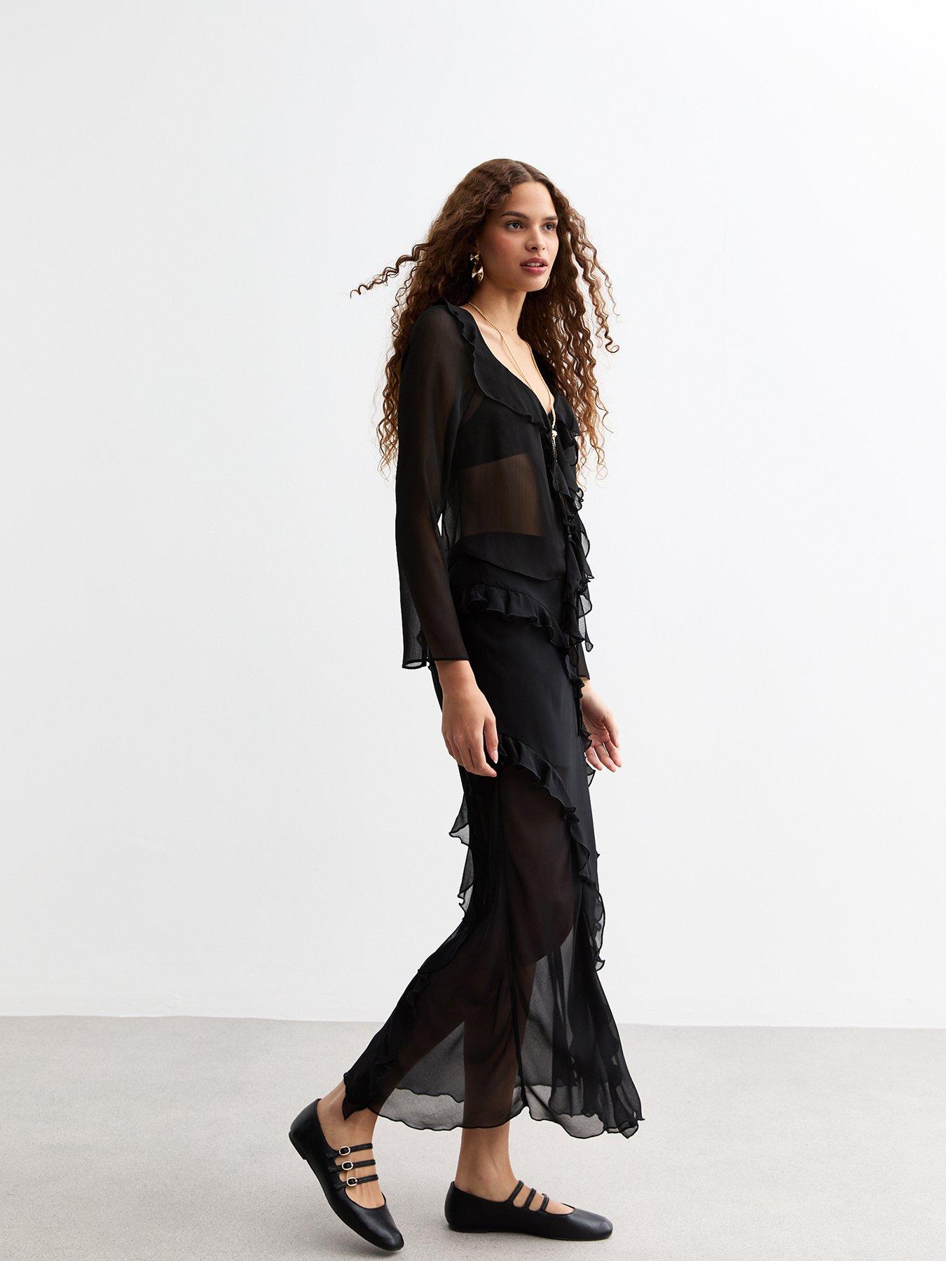 New Look Sheer Chiffon Ruffle Trim Maxi Skirt - Black | Very