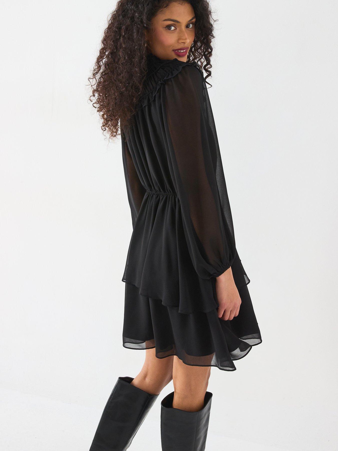 V by Very Sheered Ruffle Mini Skater Dress - Black | Very
