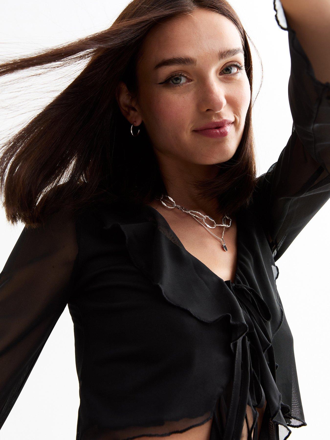 New Look Ruffle Trim Tie Front Top - Black | Very