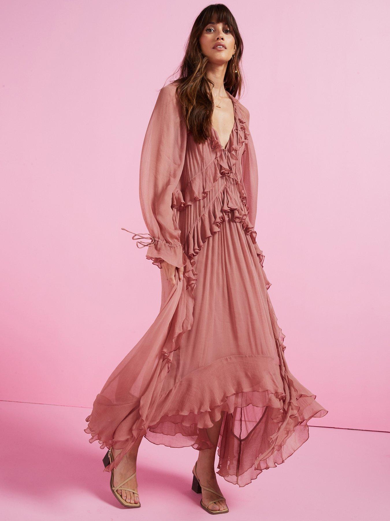 Mango Chiffon Ruffle Maxi Dress - Dusky Pink | Very