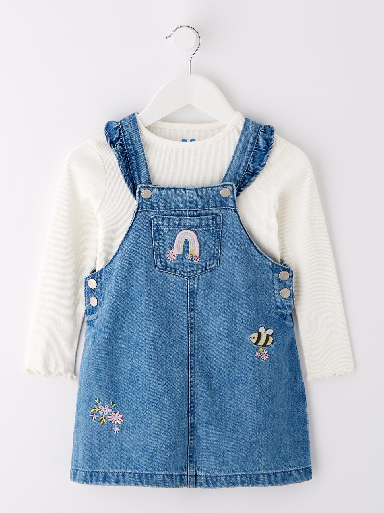 Mini V by Very Girls Frill Shoulder Denim Pinny & Long Sleeve T-Shirt ...