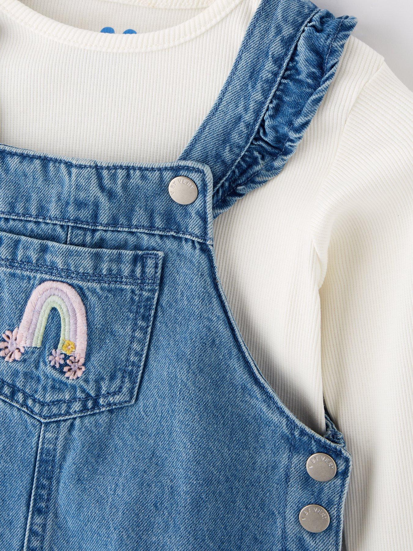 Mini V by Very Girls Frill Shoulder Denim Pinny & Long Sleeve T-Shirt ...