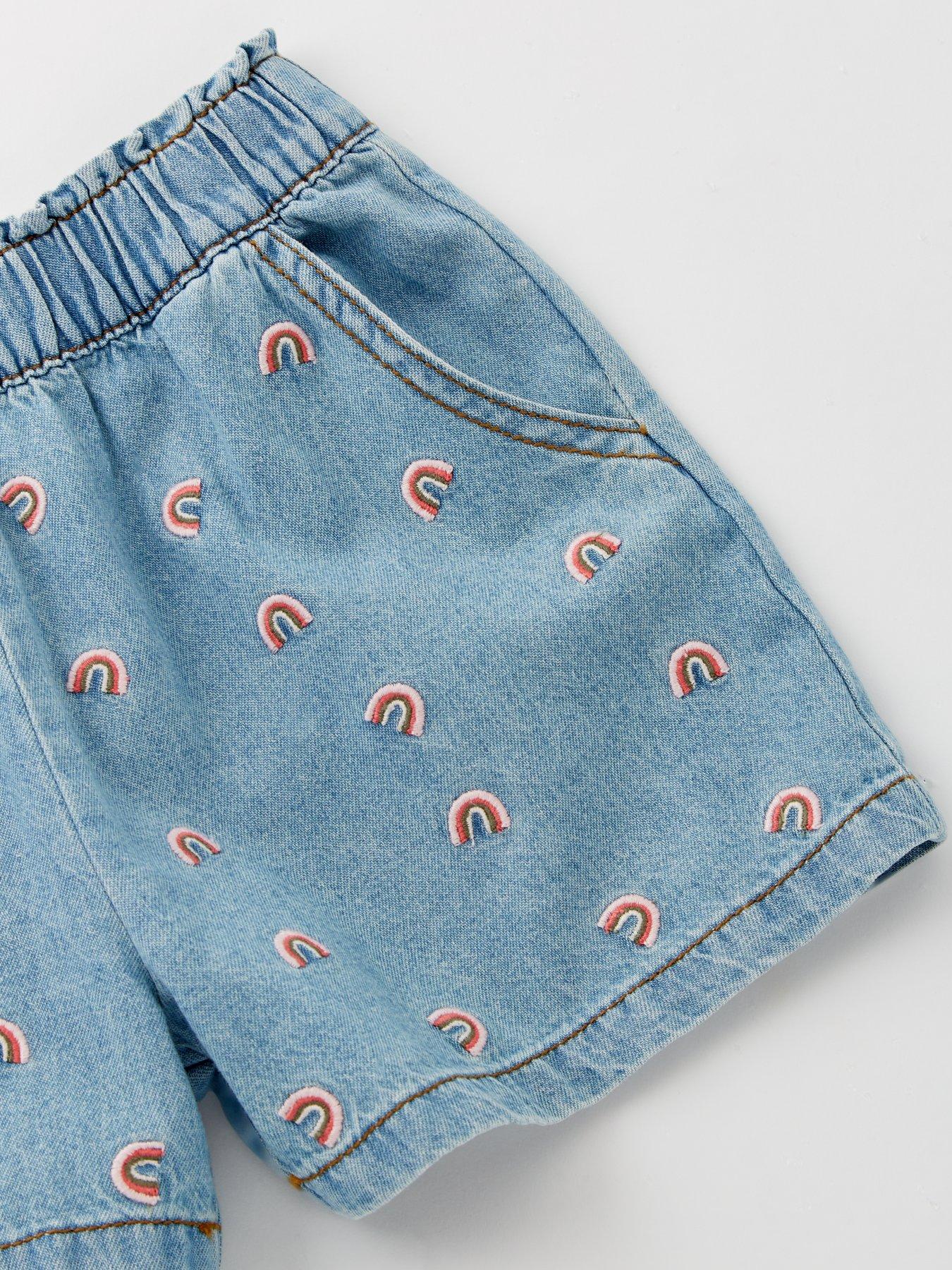 Mini V by Very Girls Embroidered Paperbag Denim Shorts - Blue | Very