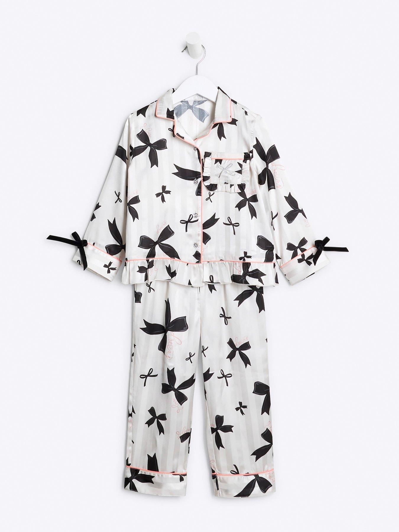 River Island Mini Mini Girls Bow Print Satin Pyjamas - Cream | Very