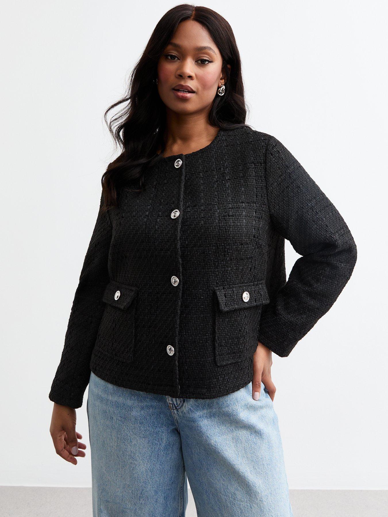 New Look Curves Bouclè Cropped Jacket - Black | Very
