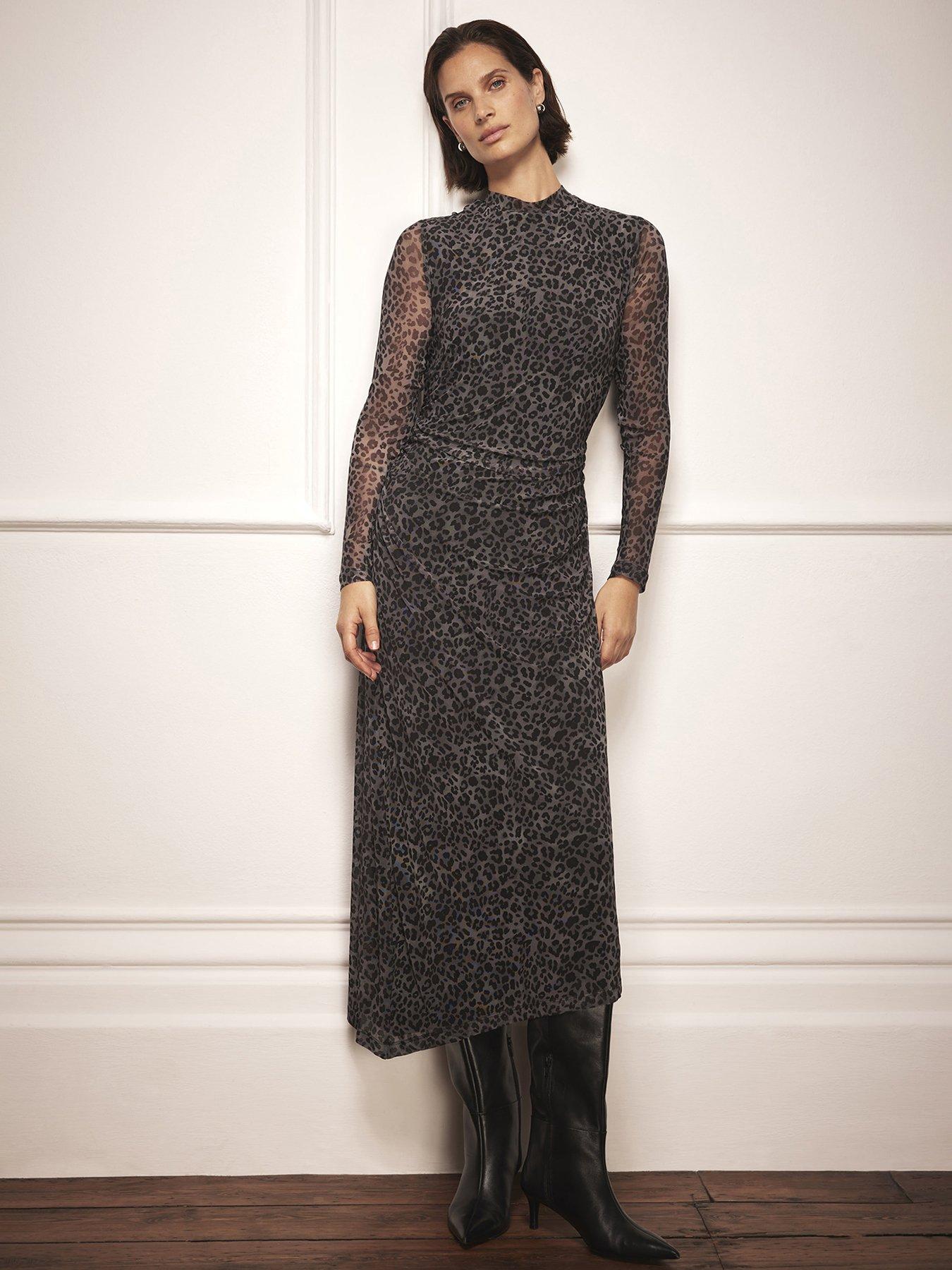 Mint Velvet Mesh Animal Print Midi Dress - Grey | Very