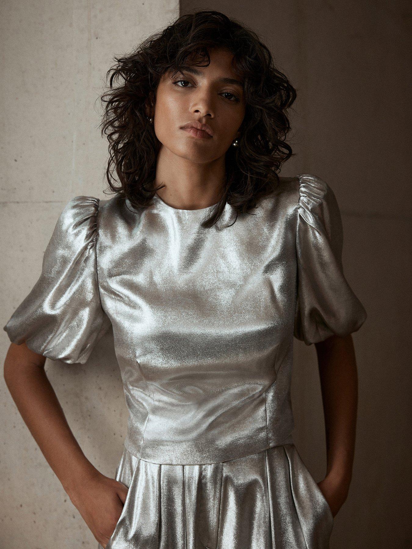 Mint Velvet Metallic Puff Sleeve Top - Gold | Very