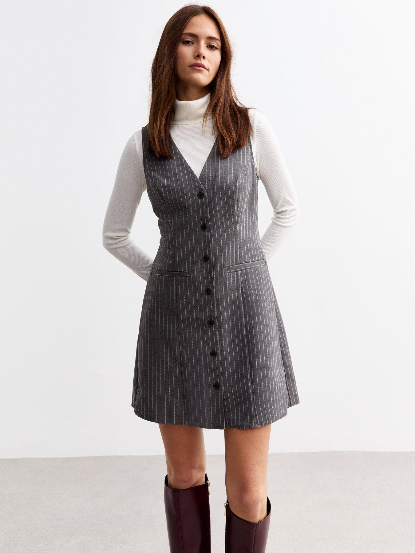New Look Pinstripe Waistcoat Pinafore Dress - Grey/Print | Very