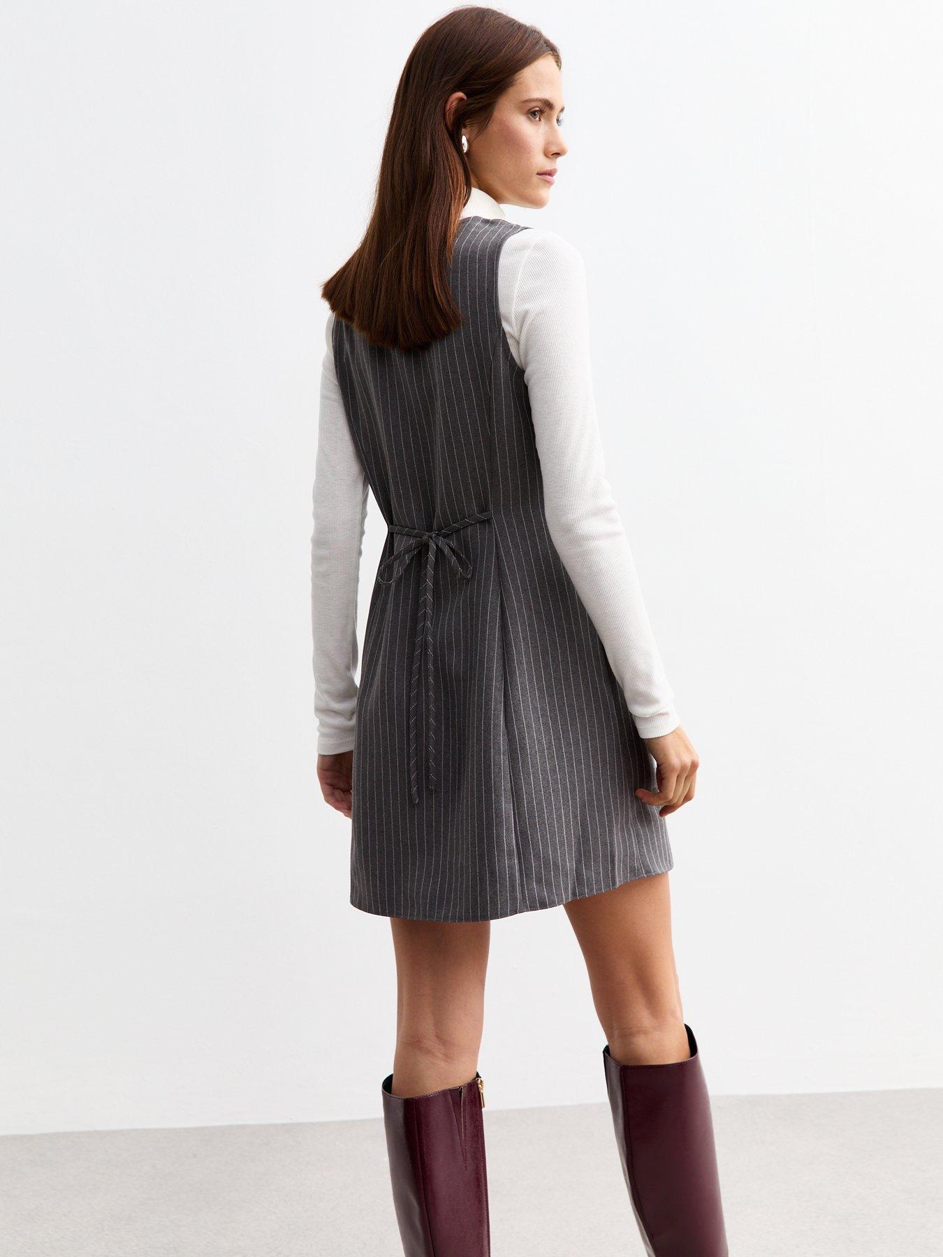 New Look Pinstripe Waistcoat Pinafore Dress - Grey/Print | Very