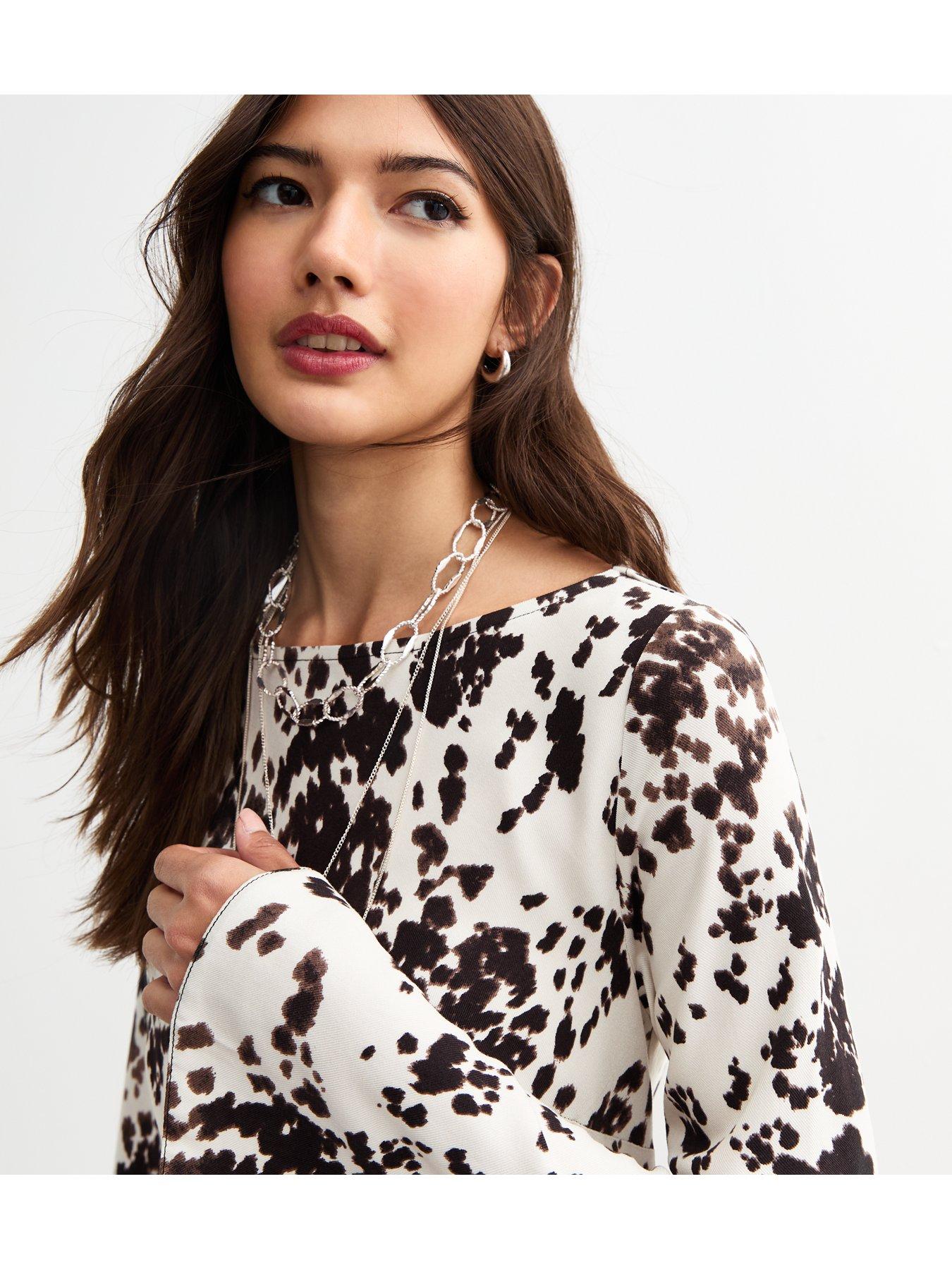 New Look Cow Print Long Sleeve Mini Dress- Off White | Very