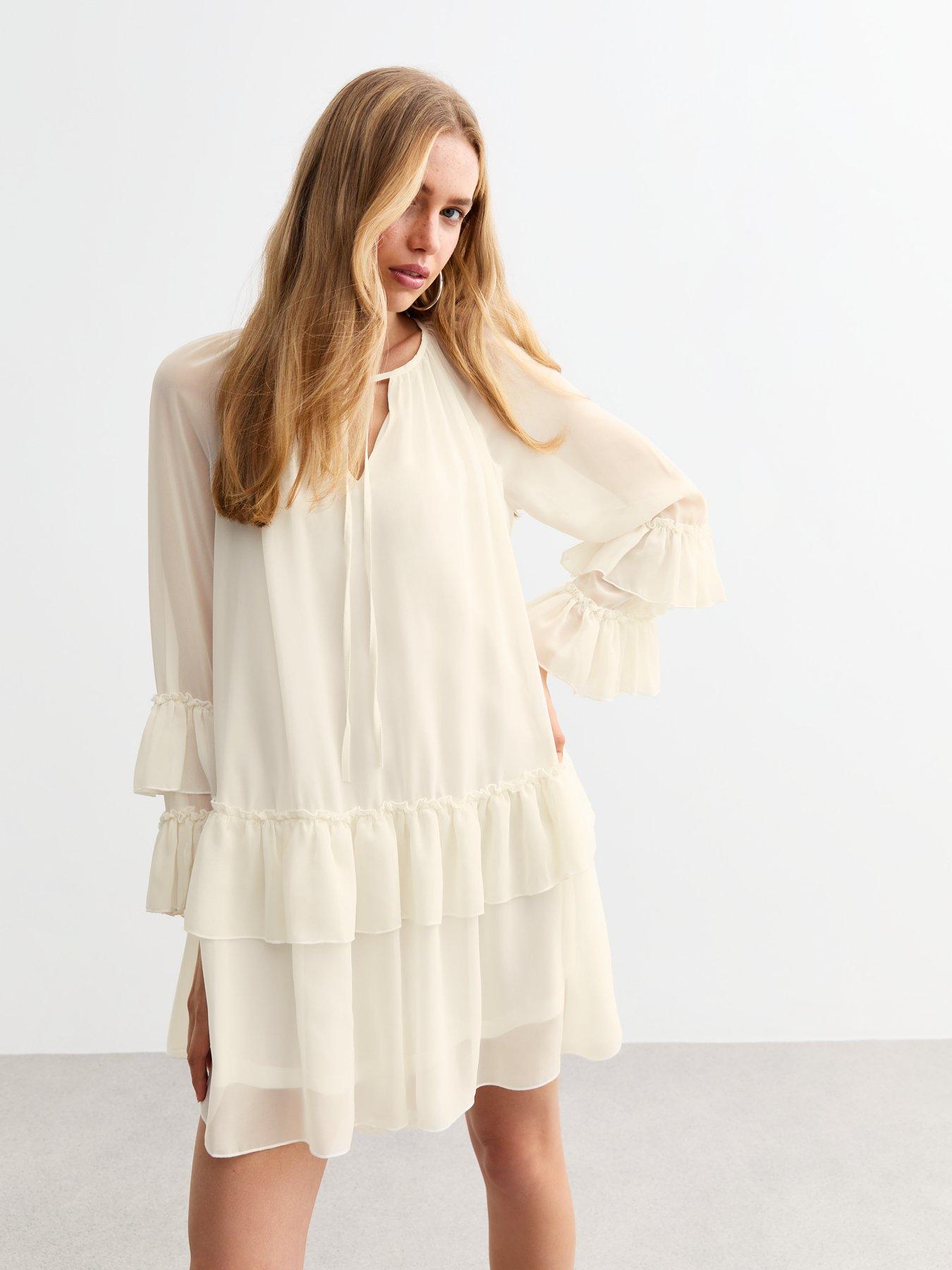 New Look Tiered Ruffled Chiffon Mini Dress - Off White | Very