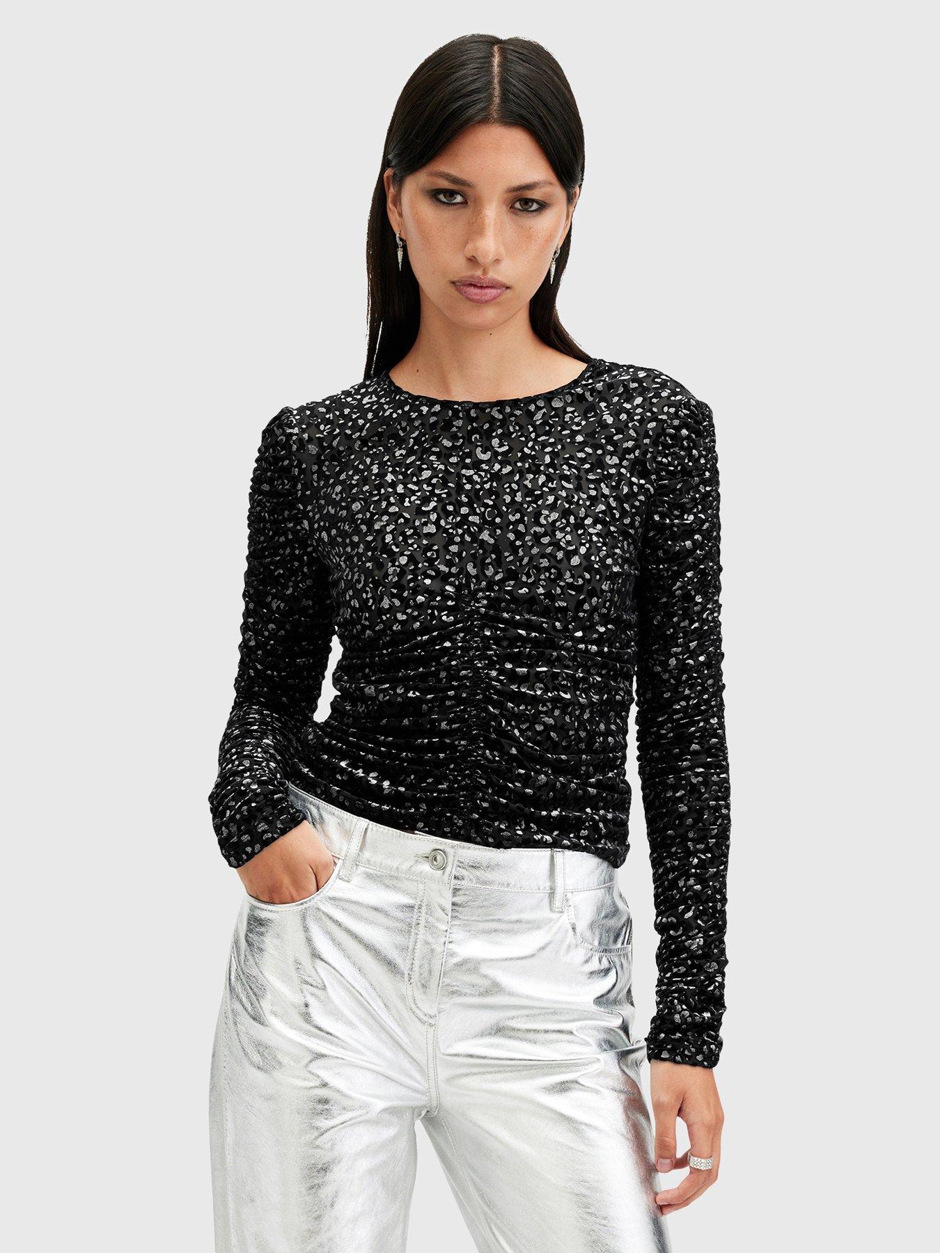 AllSaints Eris Metallic Leopard Print Top - Black | Very
