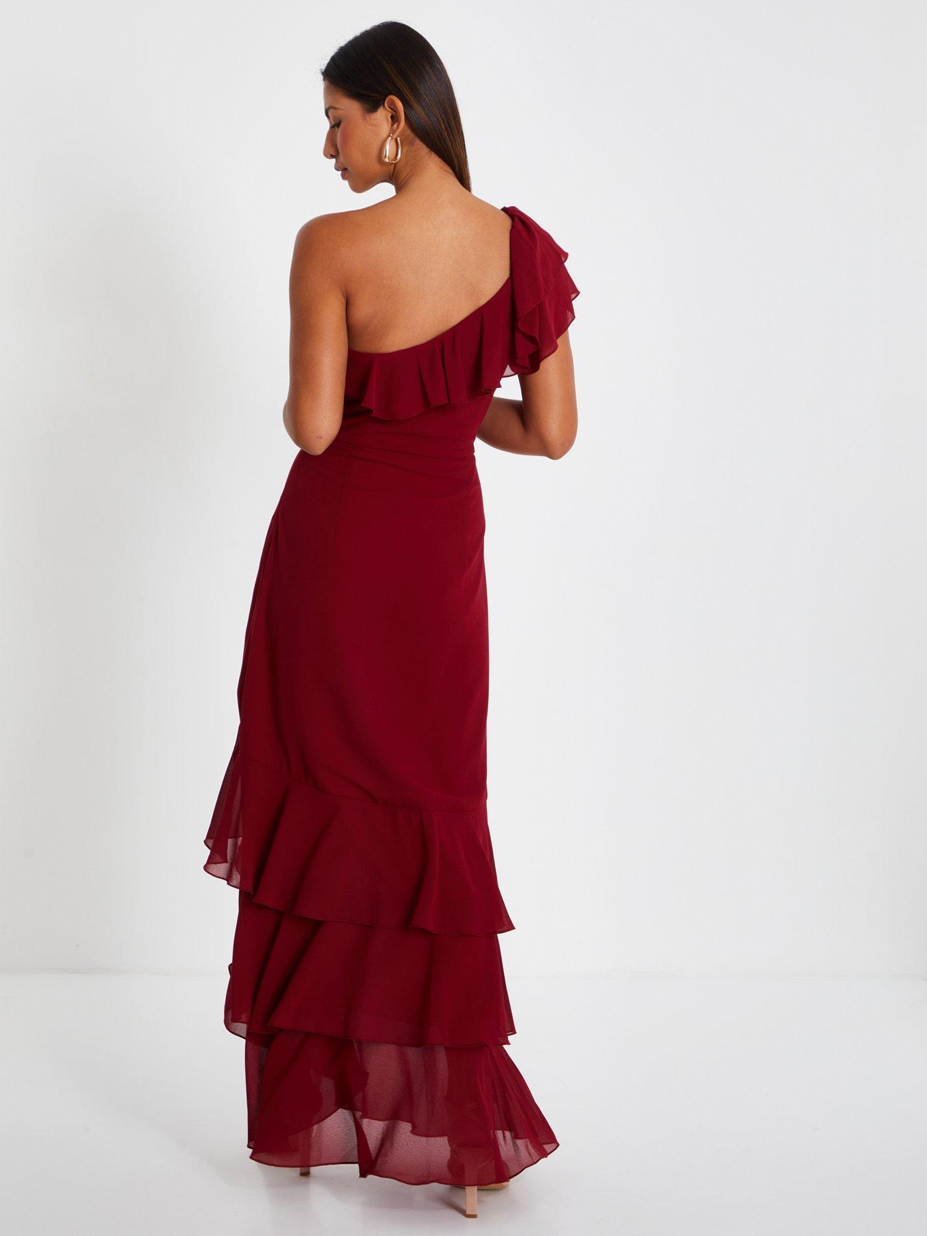 Quiz Berry One Shoulder Chiffon Ruffle Maxi Dress | Very