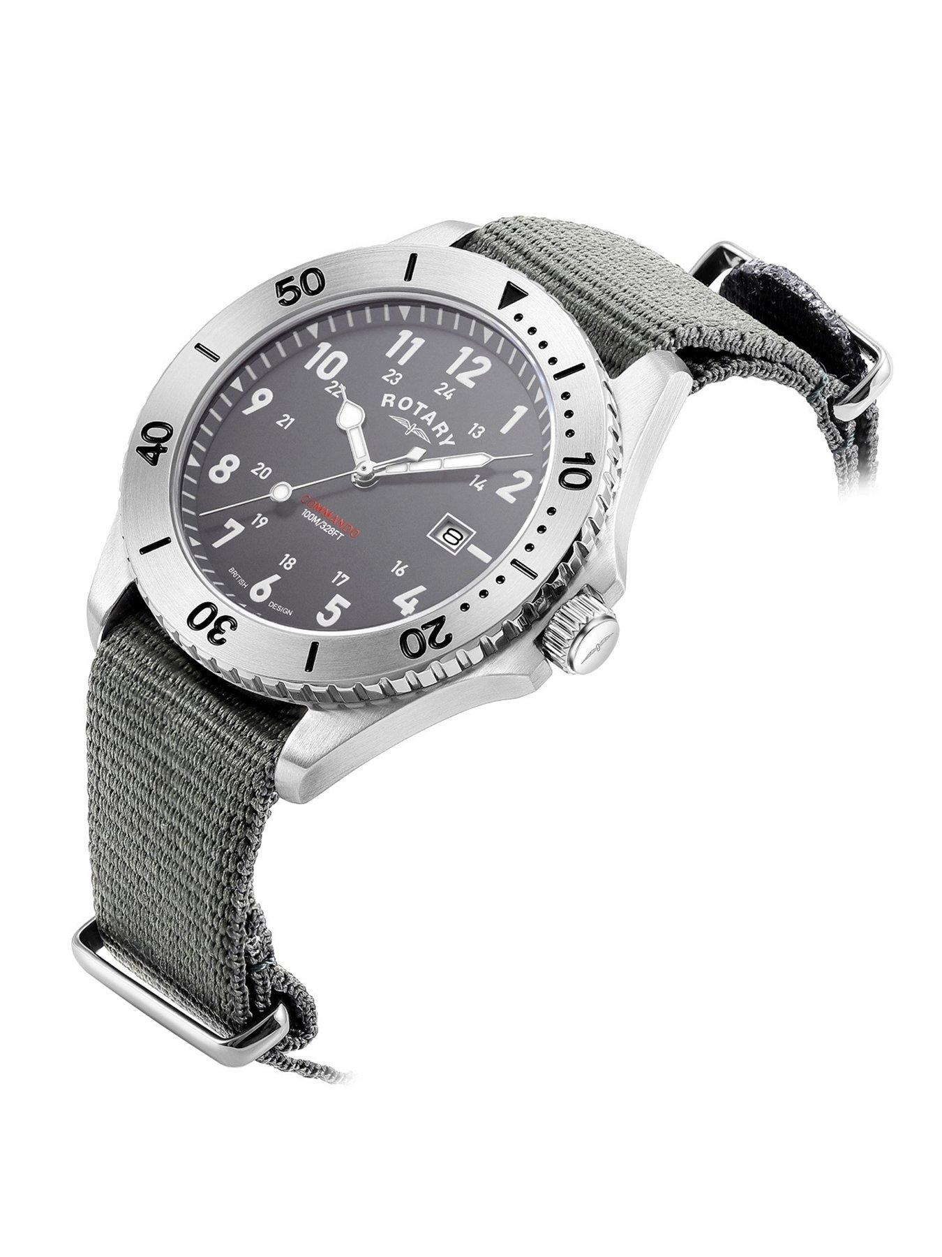 Rotary Stainless Steel Commando Textile Strap Watch - Grey | Very