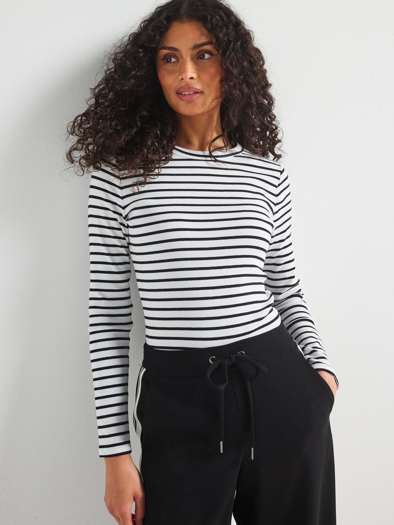 V by Very Everyday Long Sleeve Rib T-Shirt Stripe - Navy | Very