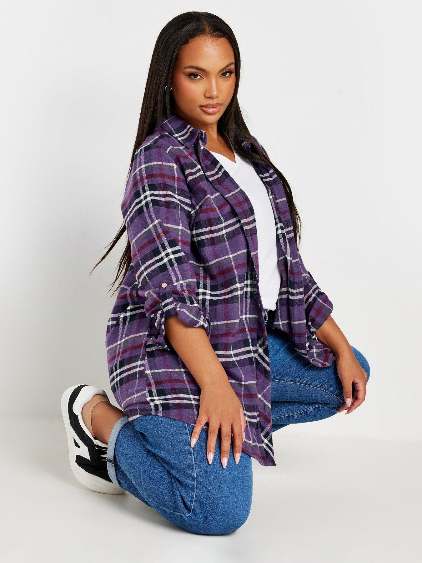 Yours Curve Brushed Boyfriend Check Shirt - Purple | Very