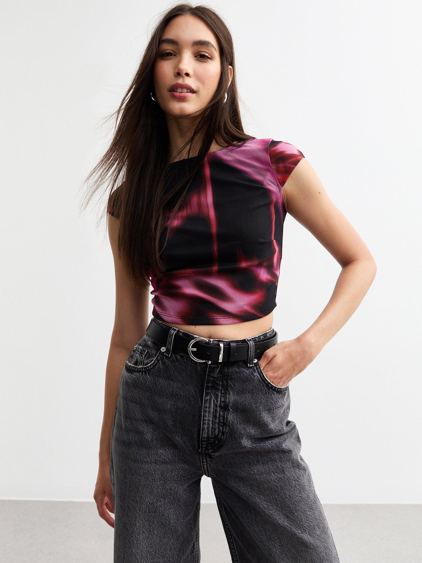 New Look Abstract Mesh Crop Top - Pink/Print | Very