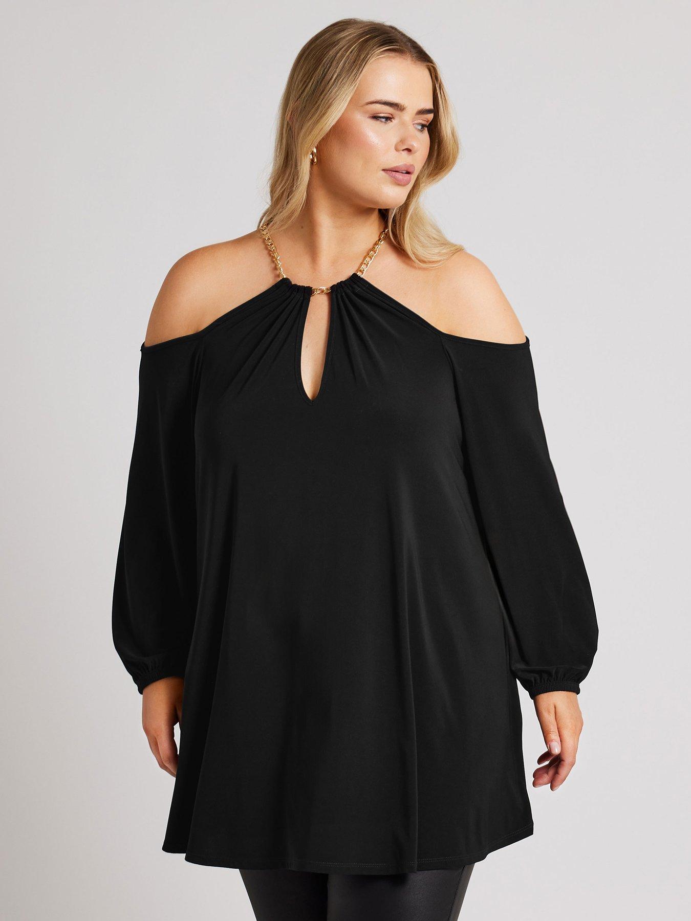 Yours Curve Chain Halter Cold Shoulder Long Sleeve Top - Black | Very
