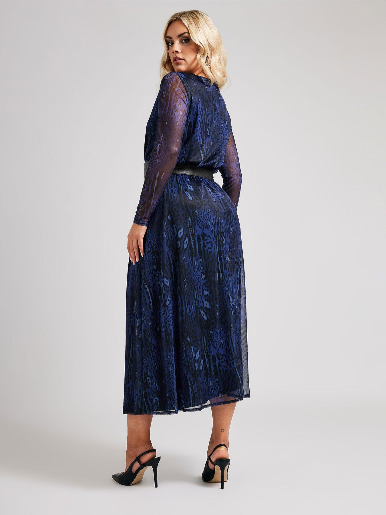 Yours Curve Long Sleeve Mesh Dress With Belt - Blue | Very