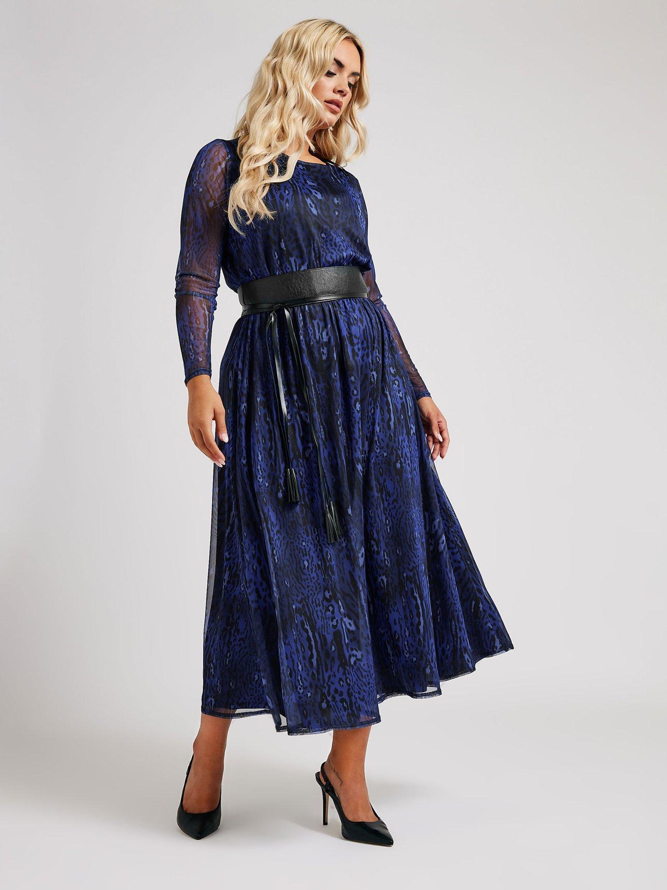 Yours Curve Long Sleeve Mesh Dress With Belt - Blue | Very