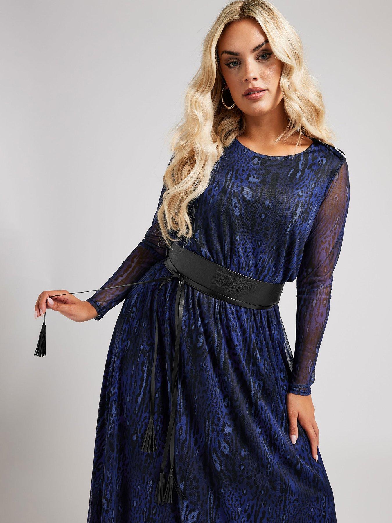 Yours Curve Long Sleeve Mesh Dress With Belt - Blue | Very