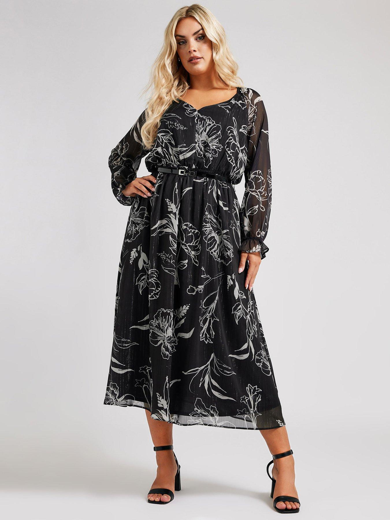 Yours Curve Mono Stencil Dress With Belt - Black | Very