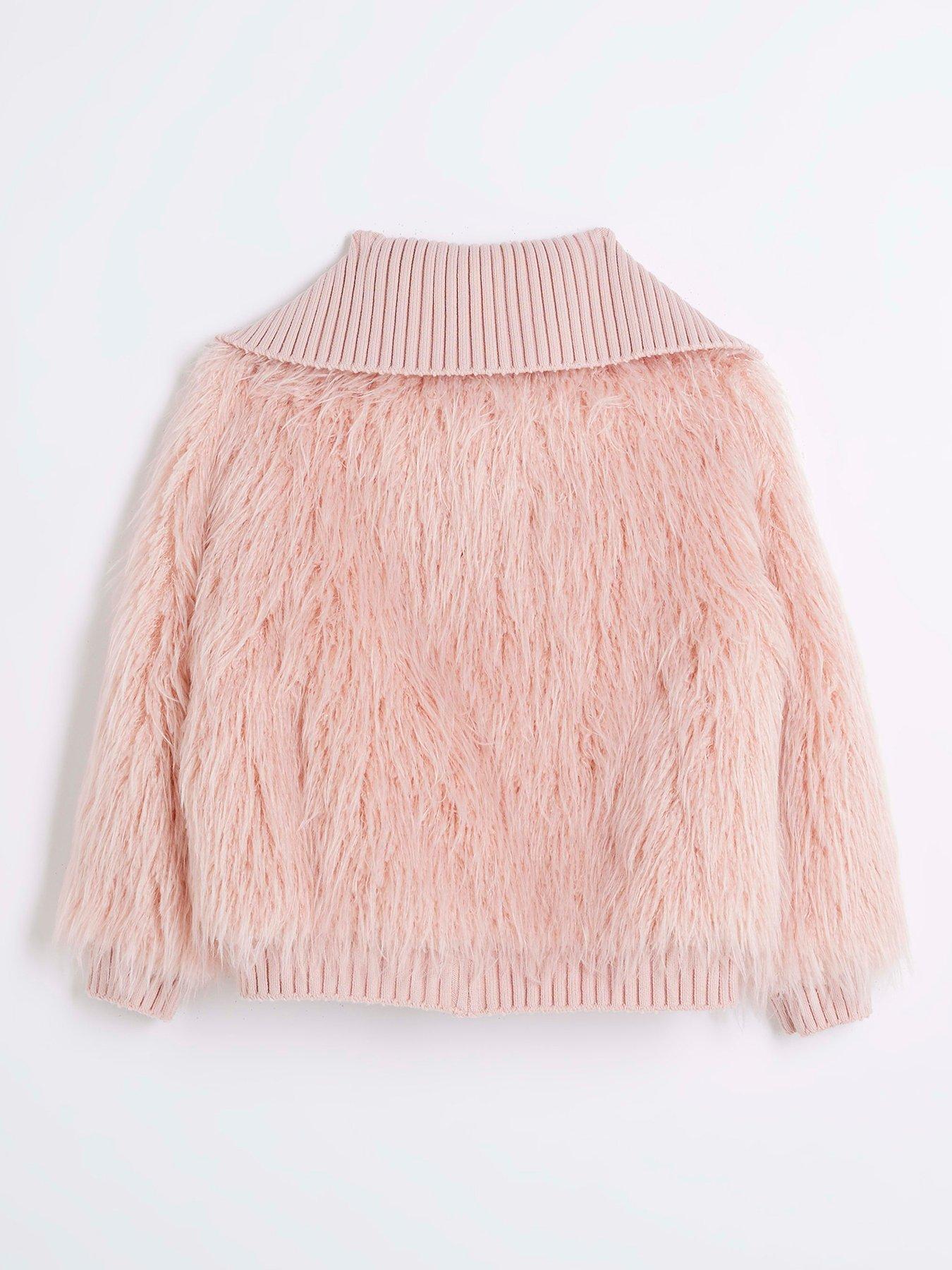 River Island Girls Shaggy Faux Fur Bomber Jacket - Pink | Very