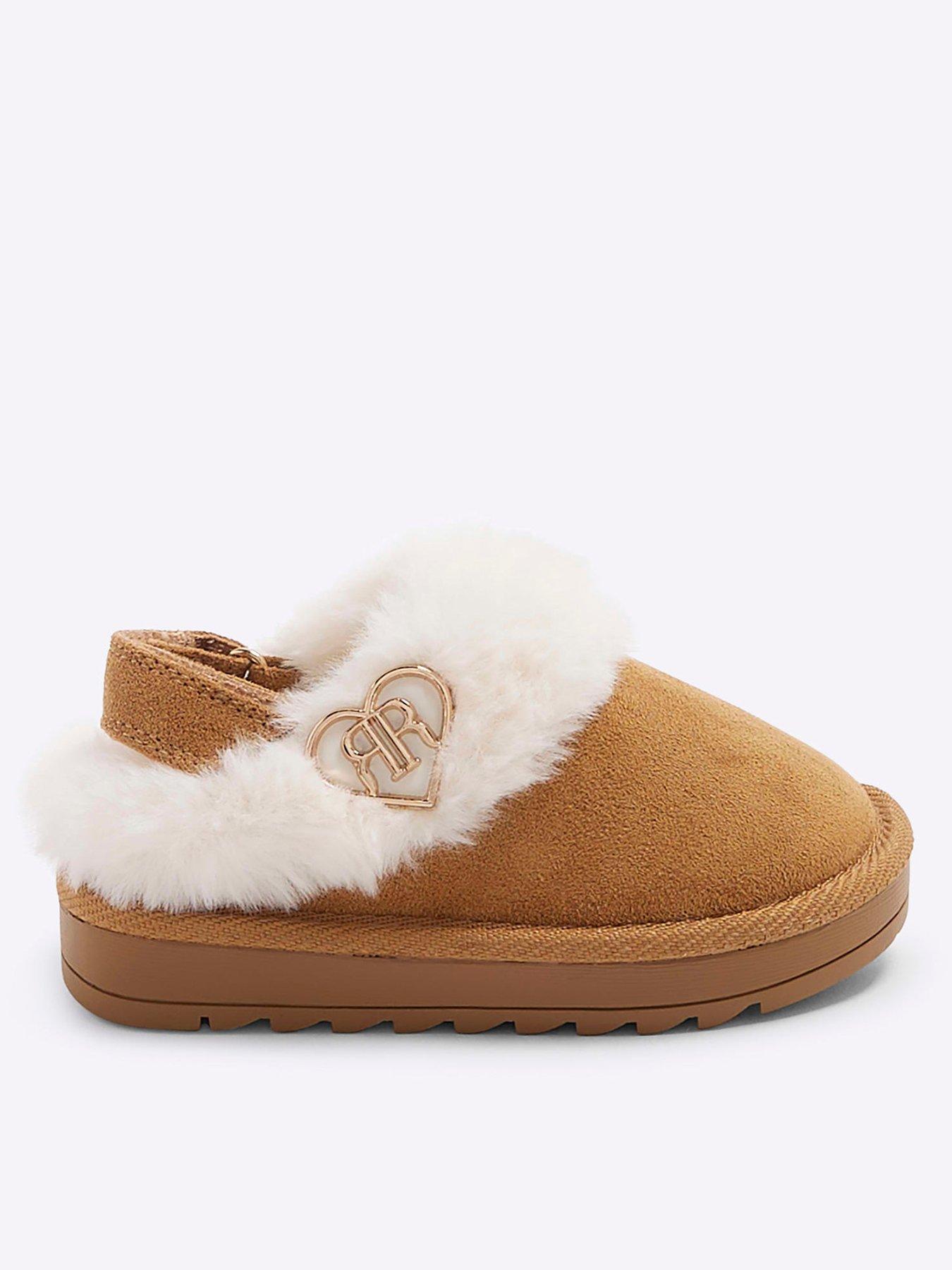 River Island Mini Girls Faux Fur Closed Toe Slippers - Brown | Very