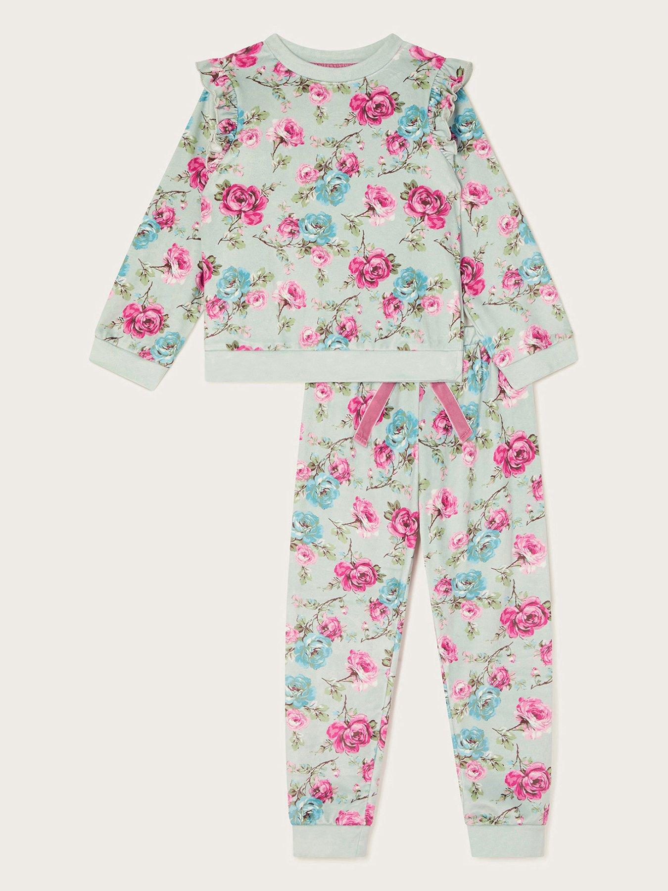 Monsoon Girls Velour Floral Print Long Sleeve Pyjamas Set - Green | Very