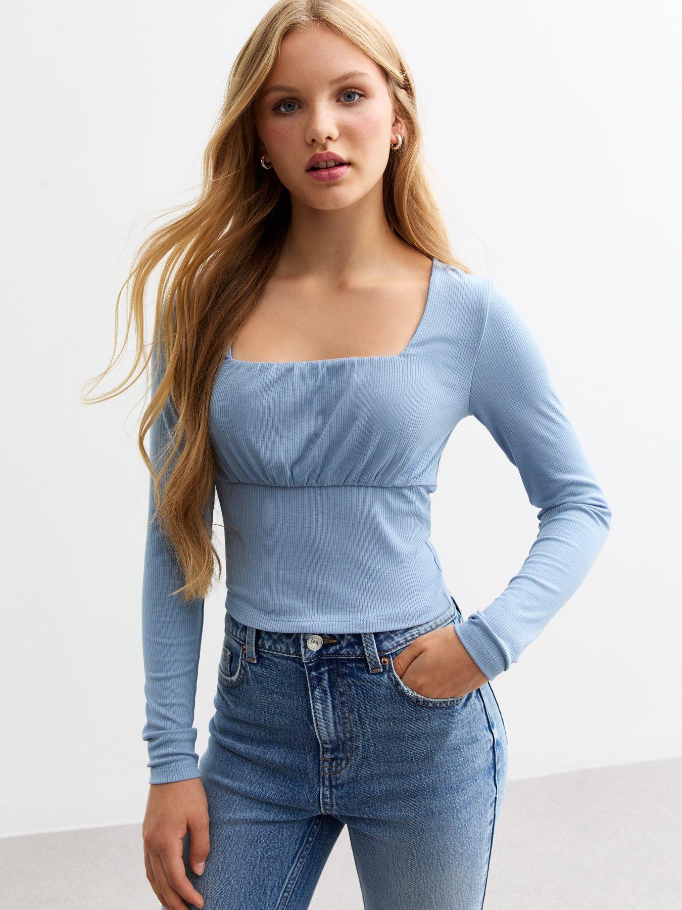 New Look 915 Girls Blue Ruched Front Ribbed Jersey Top - Light Blue | Very