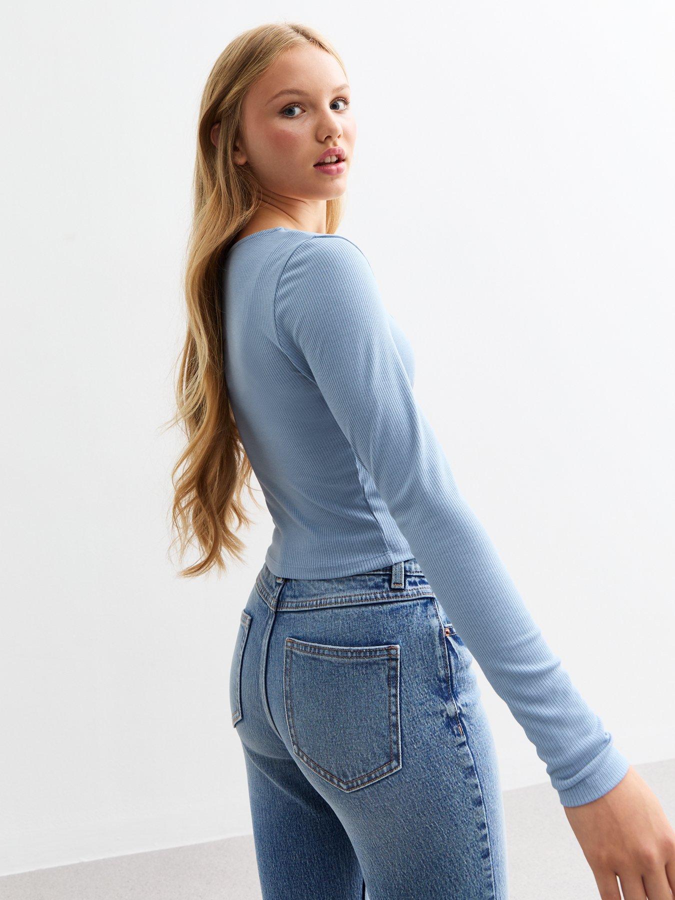 New Look 915 Girls Blue Ruched Front Ribbed Jersey Top - Light Blue | Very