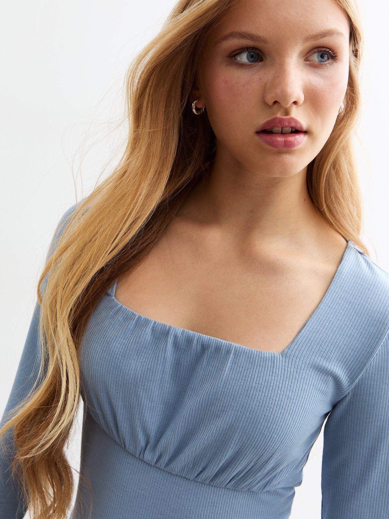 New Look 915 Girls Blue Ruched Front Ribbed Jersey Top - Light Blue | Very