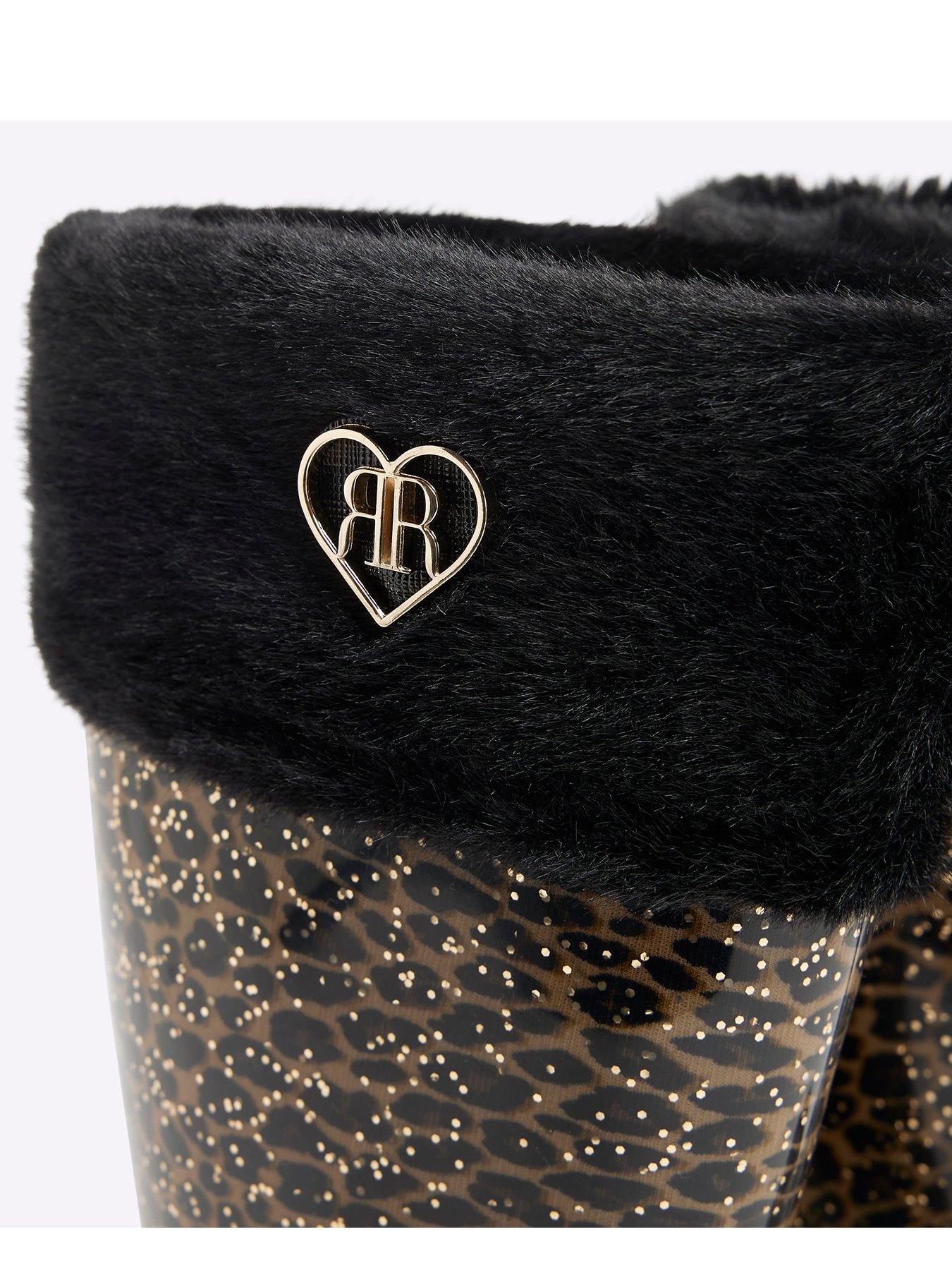 River Island Girls Faux Fur Cuff Leopard Wellies - Brown | Very