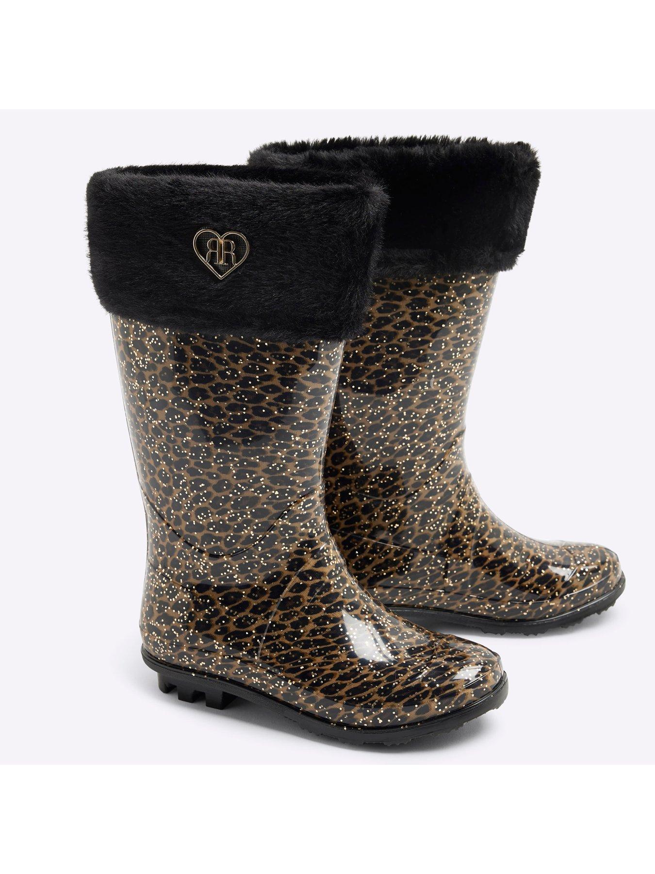 River Island Girls Faux Fur Cuff Leopard Wellies - Brown | Very