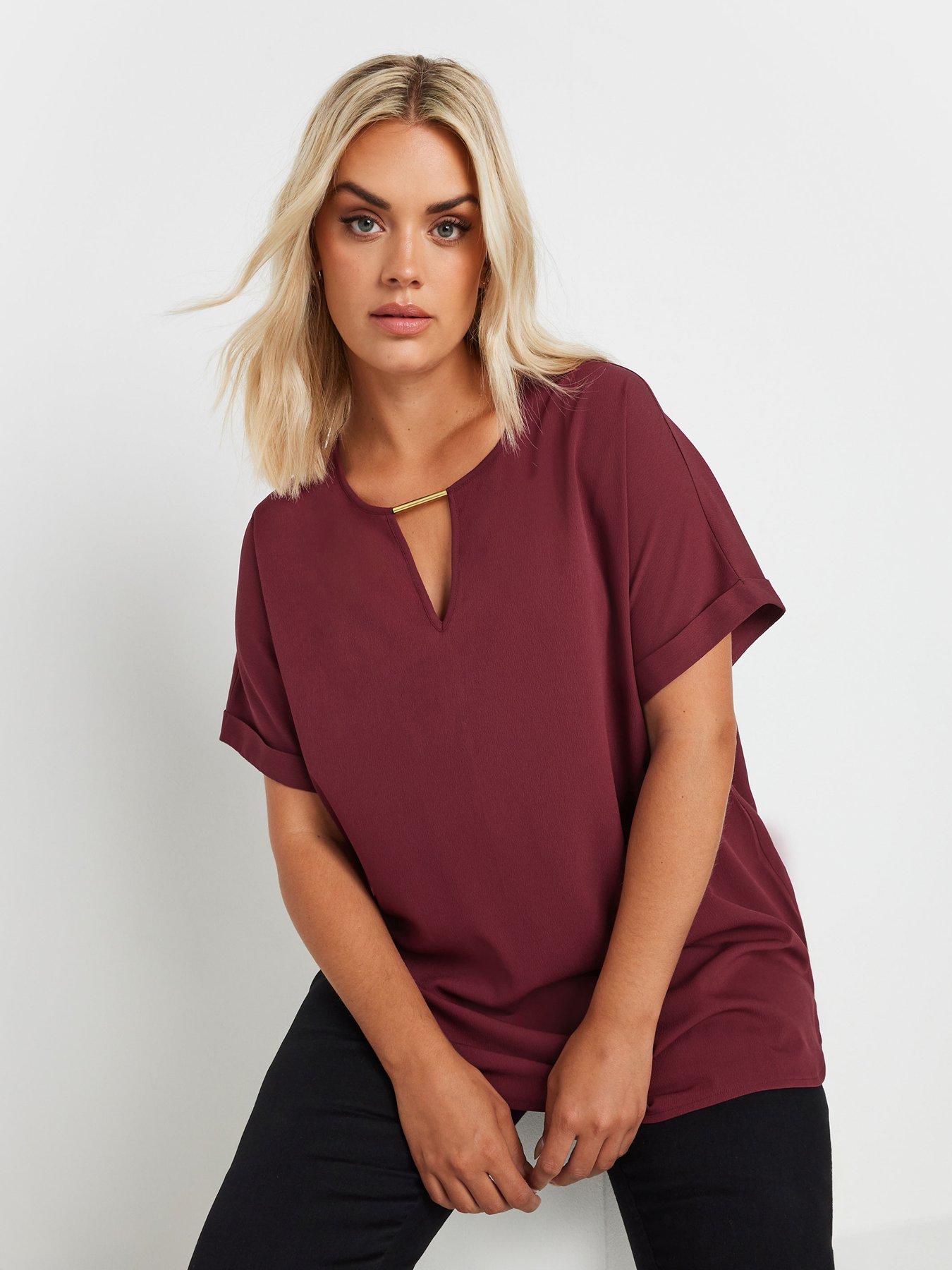 Yours Curve Short Sleeve Trim Neck Top - Burgundy Red | Very