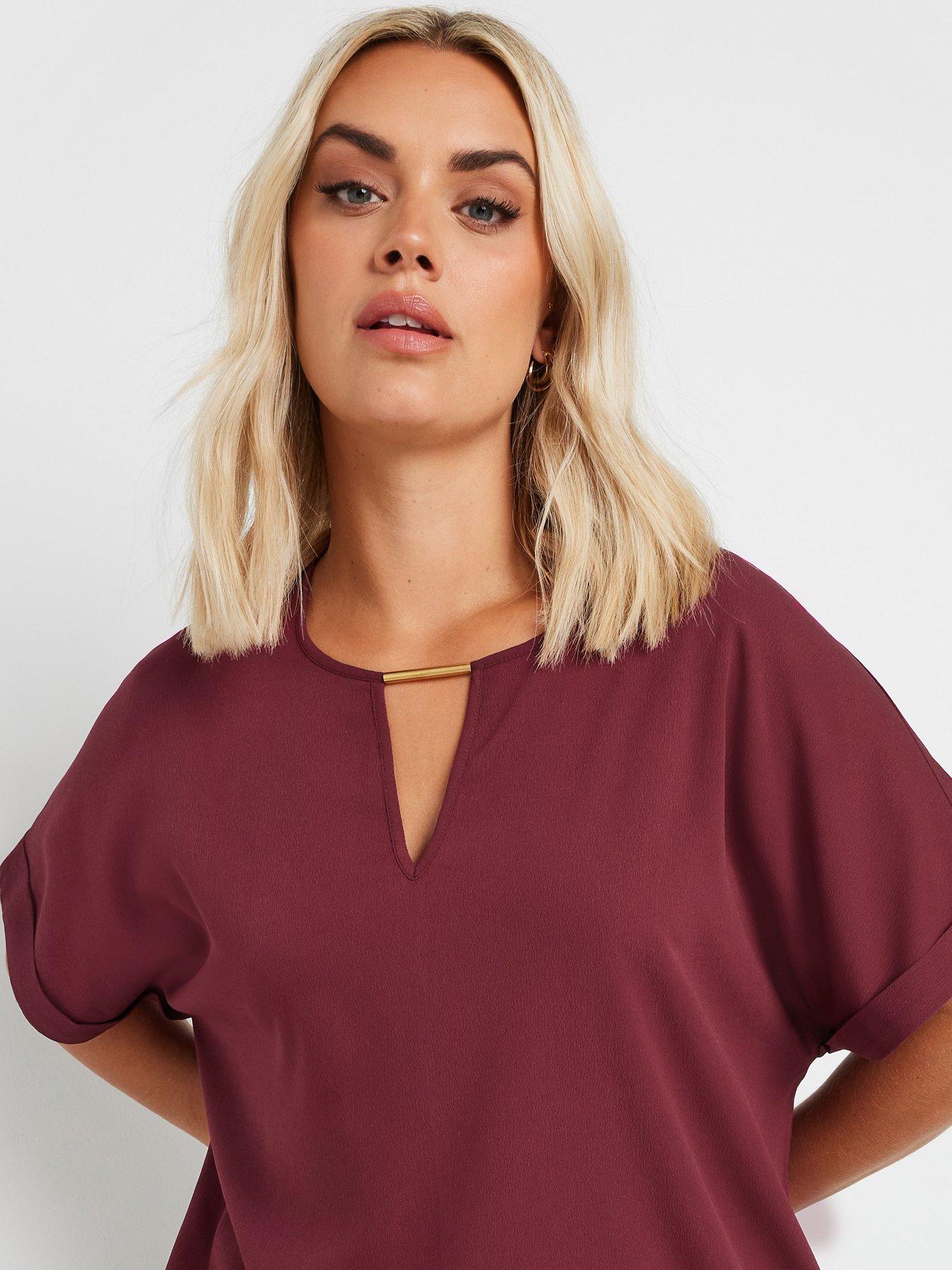 Yours Curve Short Sleeve Trim Neck Top - Burgundy Red | Very