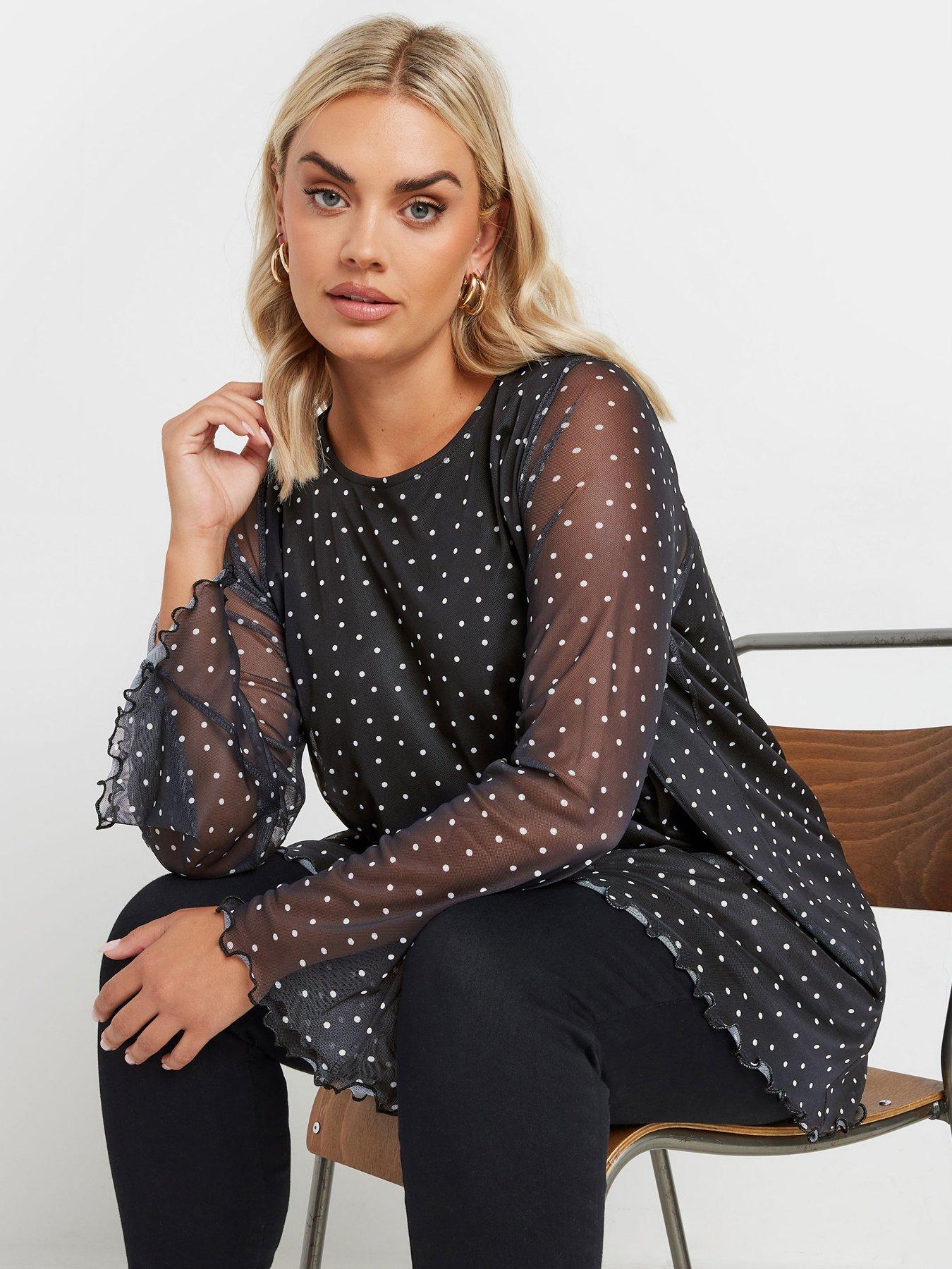 Yours Curve Mesh Flute Sleeve Polka Dot Top - Black | Very