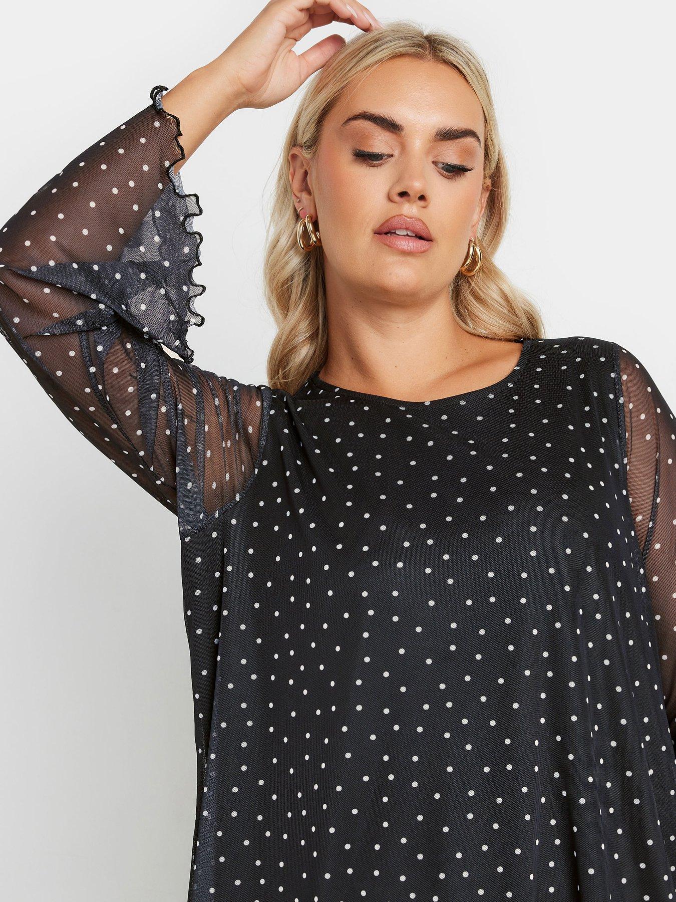 Yours Curve Mesh Flute Sleeve Polka Dot Top - Black | Very