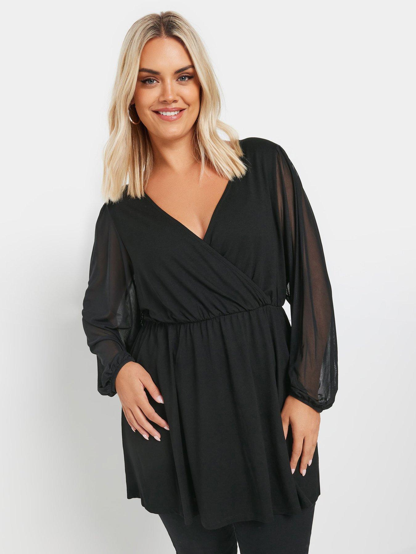 Yours Curve Mesh Sleeve Wrap Top - Black | Very