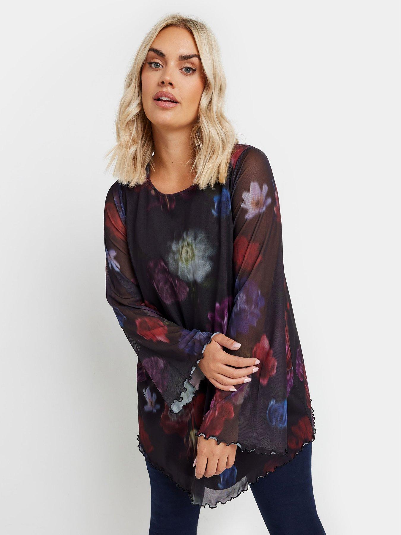 Yours Curve Mesh Flute Sleeve Floral Top - Black | Very