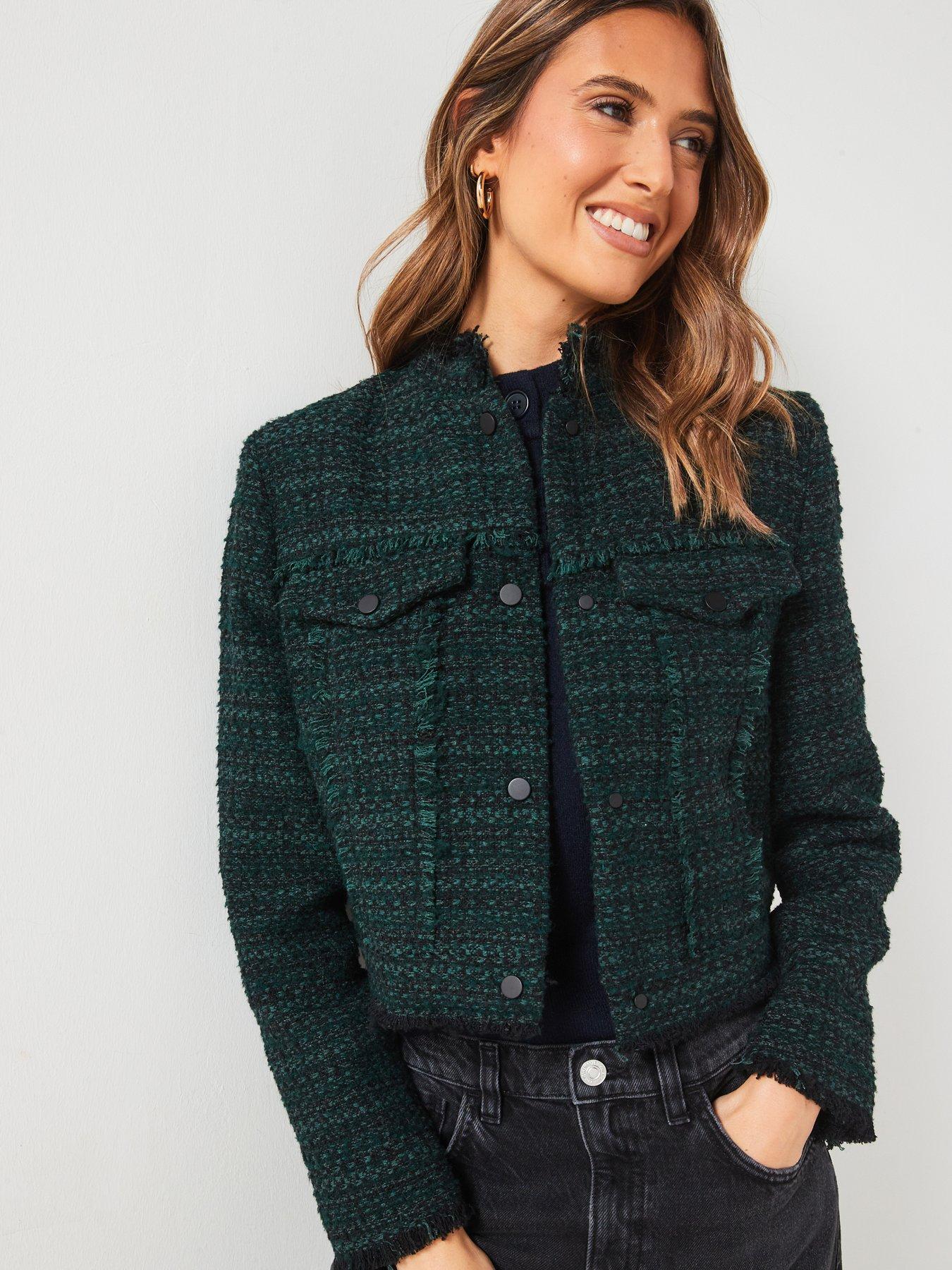 Mango High-Collar Tweed Jacket - Green | Very