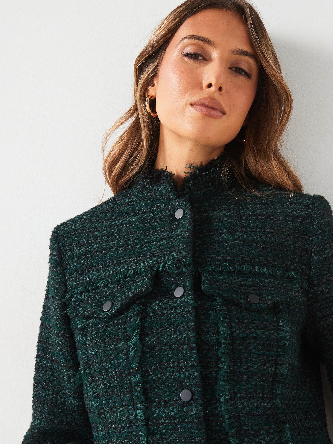 Mango High-Collar Tweed Jacket - Green | Very